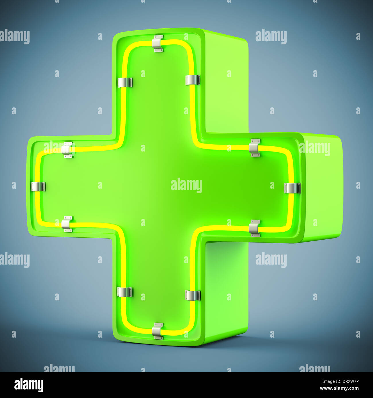 Green cross with neon light on dark blue background. 3d illustration ...
