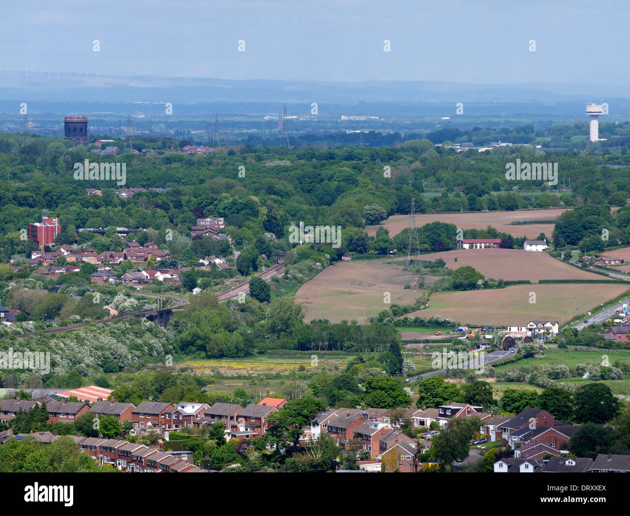 View of Runcorn showing both water towers in the background Stock Photo ...