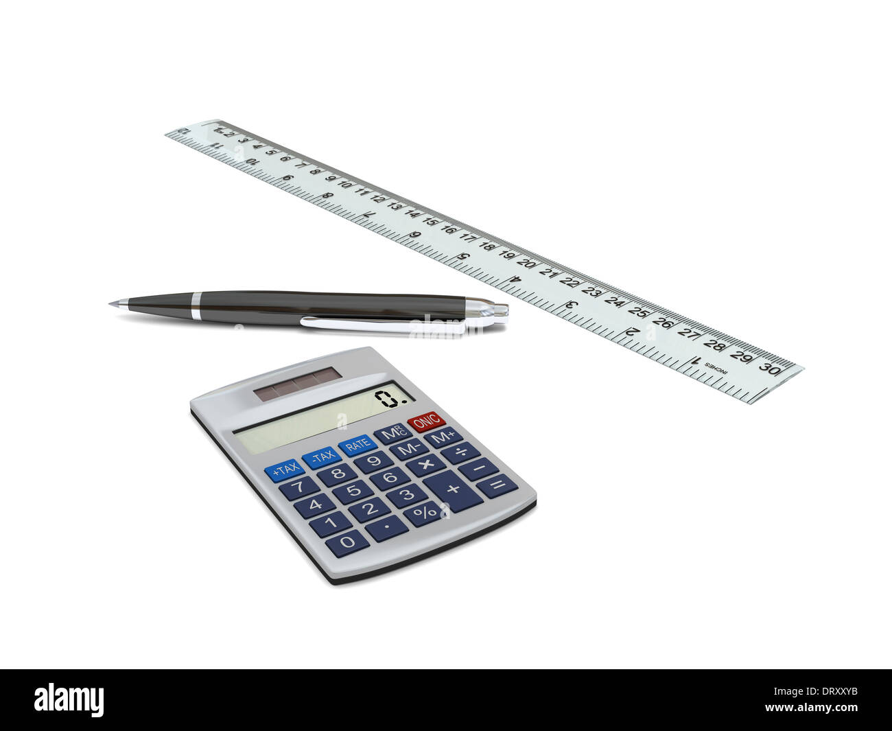 3D models of calculator, ruler and pen on white background Stock Photo ...