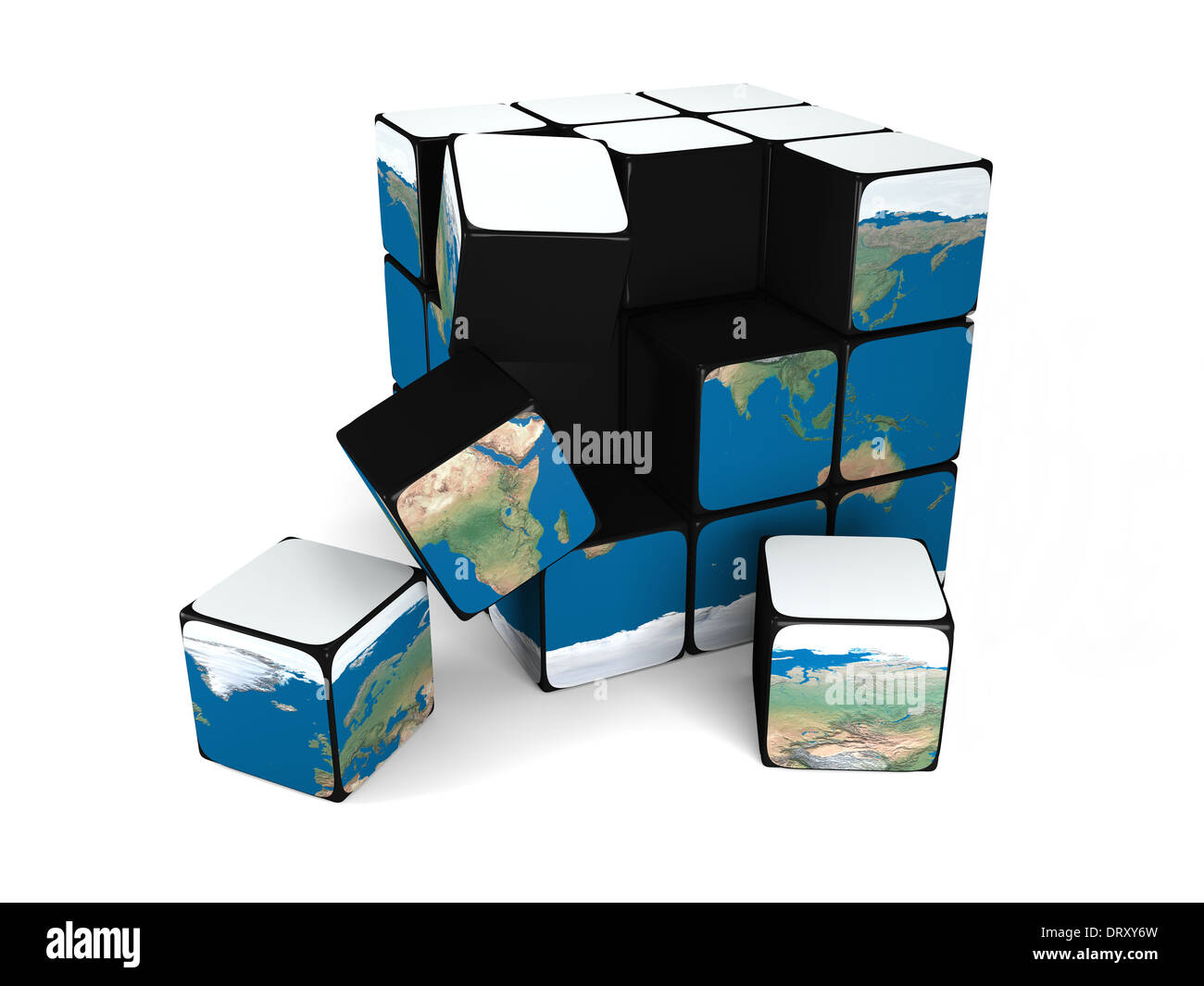 Cube representing planet Earth in decay with several building blocks ...