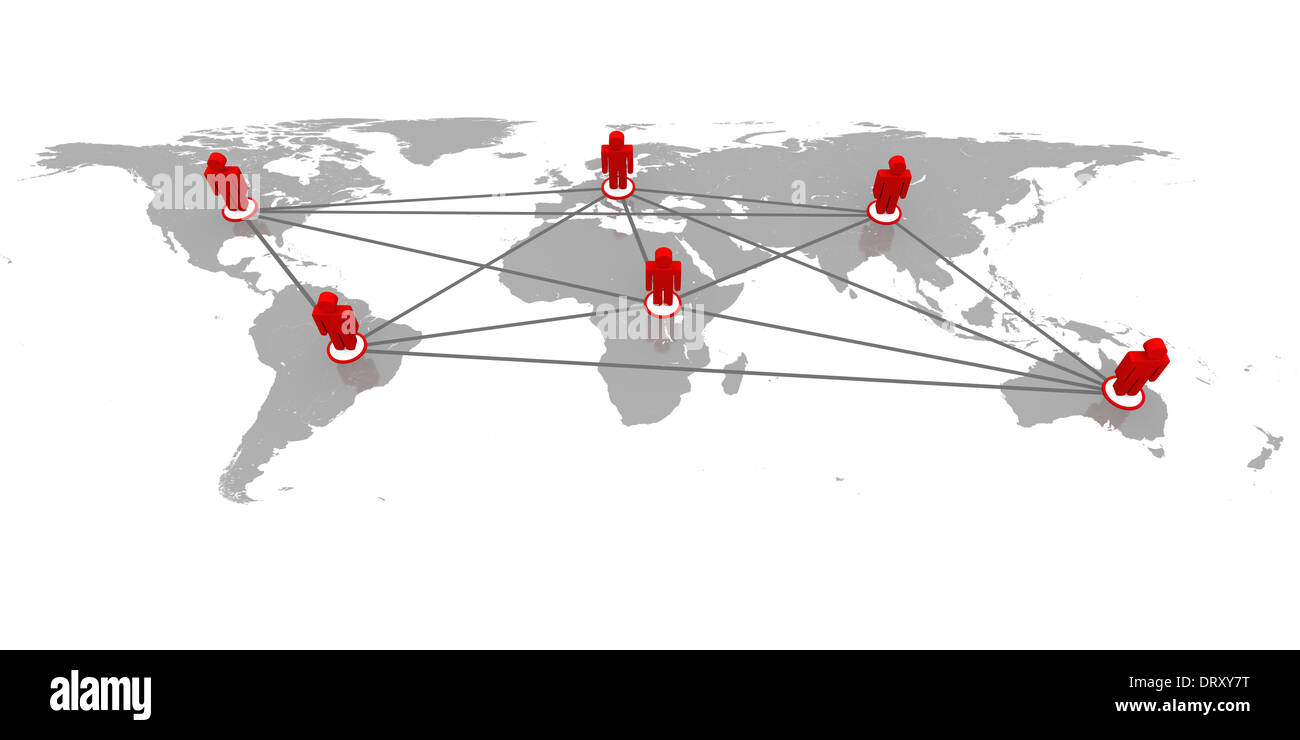Concept of global network with red figurines on world's continents ...
