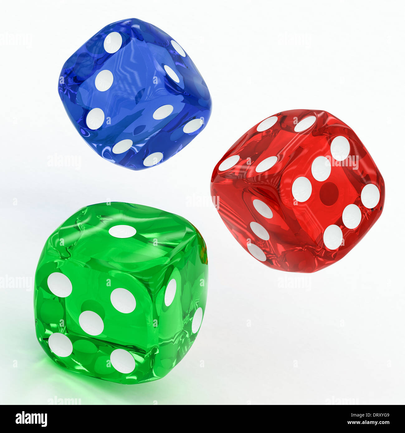 three dices falling on a white background Stock Photo - Alamy