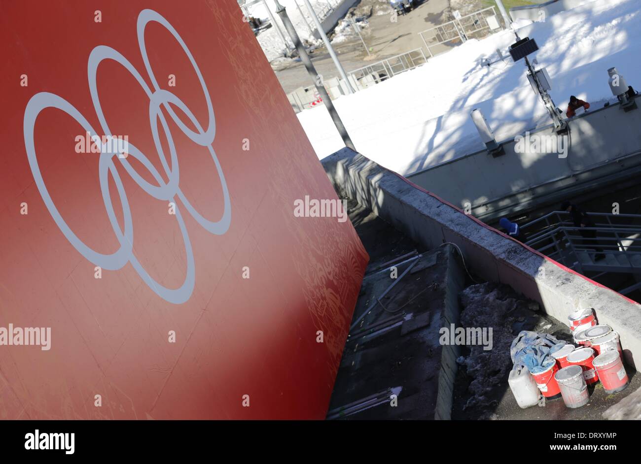 Sochi, Russia. 04th Feb, 2014. The Olympic rings and pails of red color ...