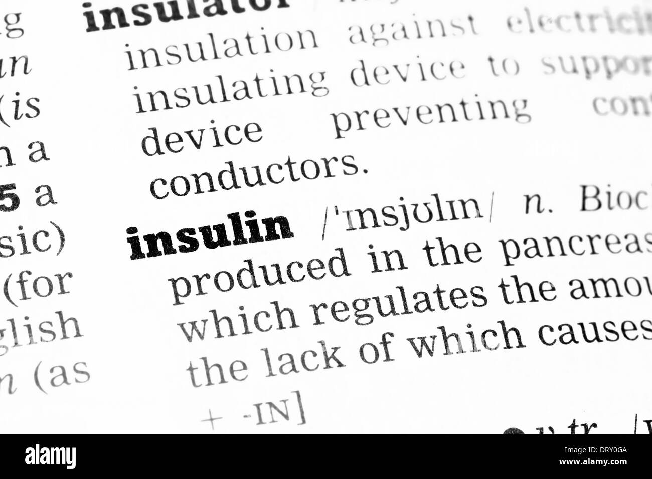 Insulin Dictionary Definition closeup black and white Stock Photo - Alamy