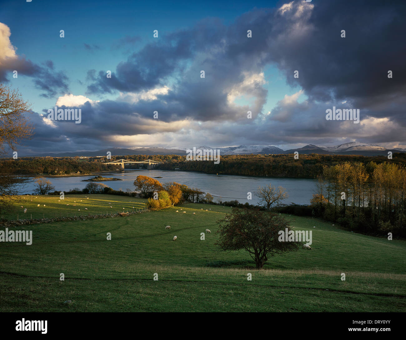 VIEW OVER MENAI STRAIT FROM ANGLESEY LOOKING AT SNOWDONIA MOUNTAINS ...