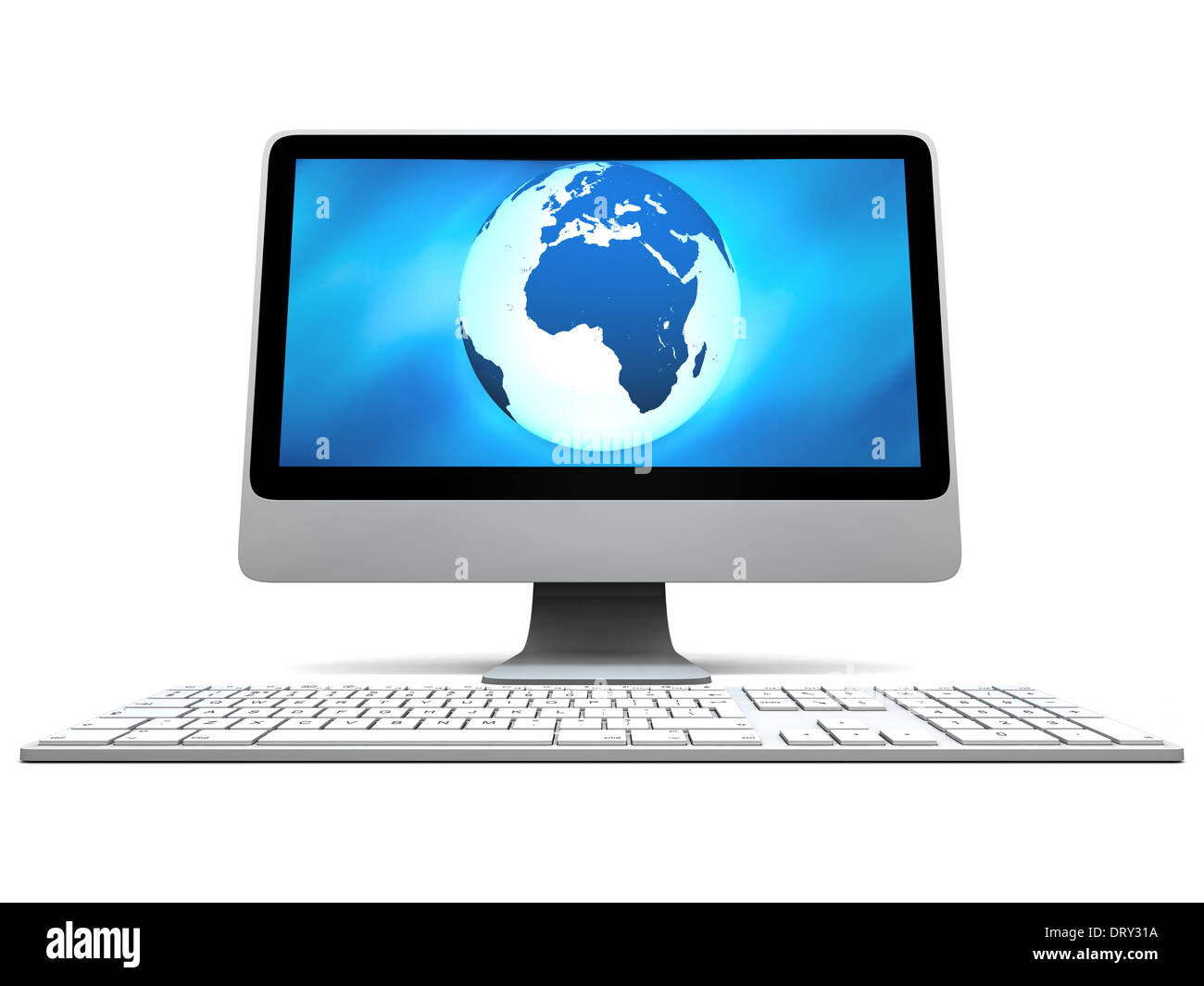Blue glowing model of Earth on computer screen isolated on white ...