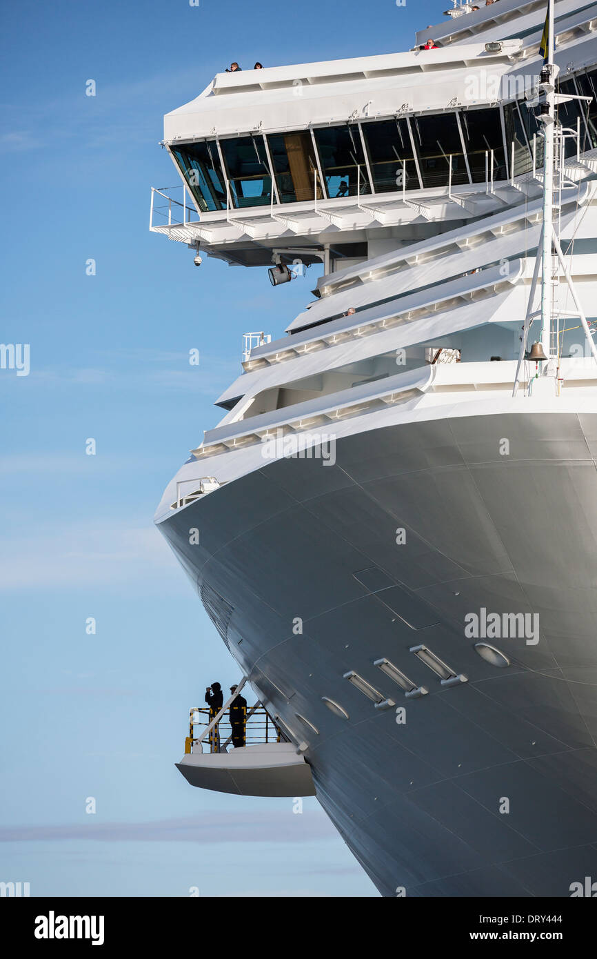 People standing on viewing platform on large cruise ship, Reykjavik ...