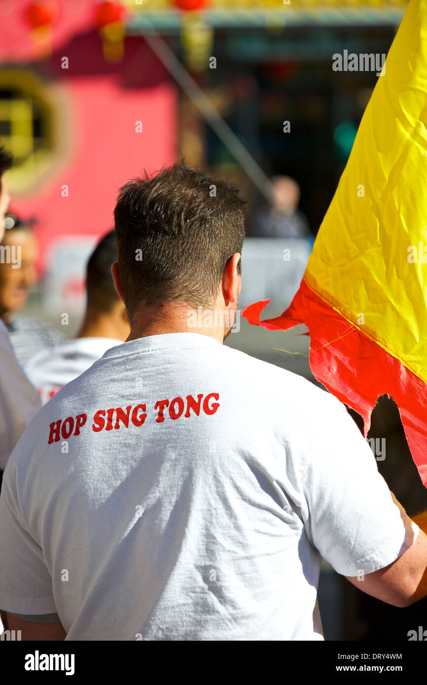 Men about to perform the Dragon Dance outside the Hop Sing Tong in ...