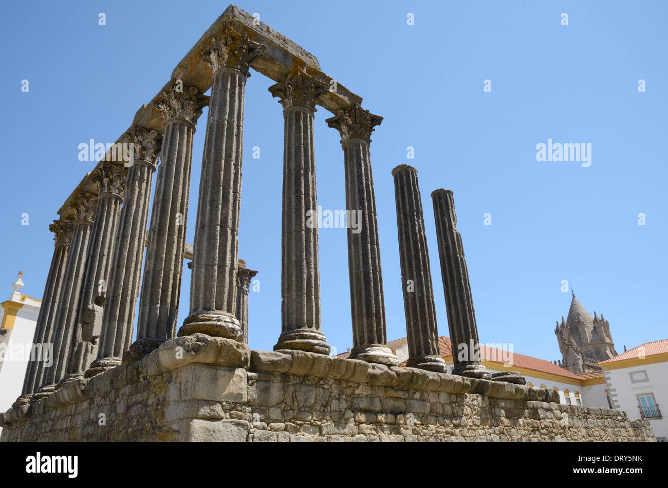 Old Roman ruins in the historical center of historic of Evora, an ...