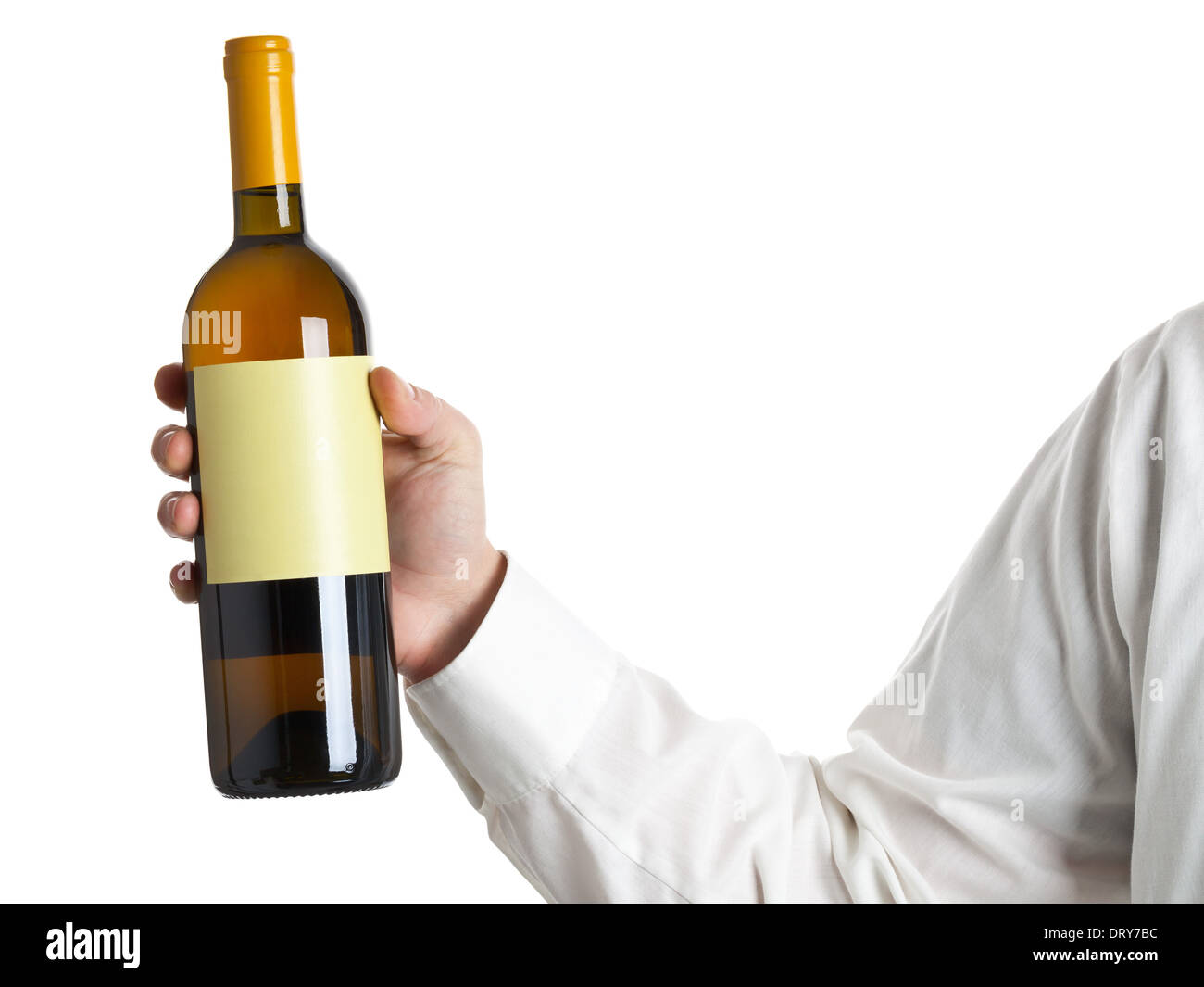 Man holding white wine bottle isolated on white background Stock Photo ...