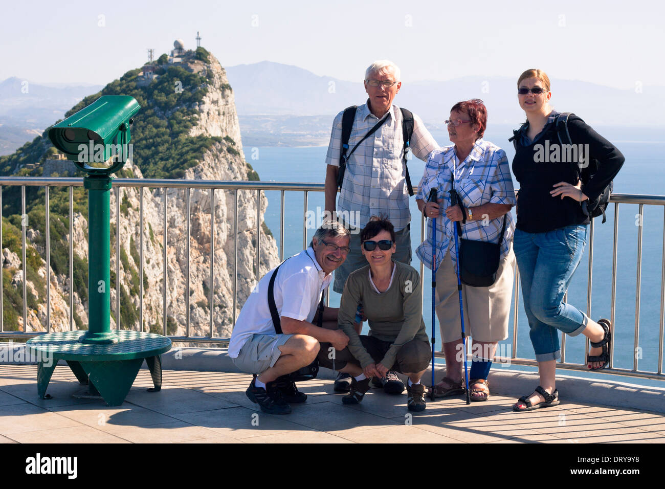 Portrait of happy tourist people on the Rock of Gibraltar Stock Photo ...