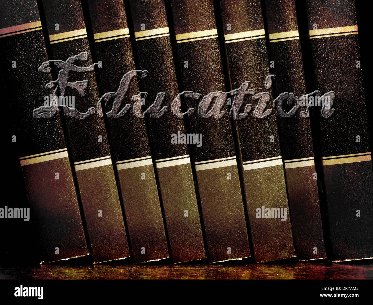Row of old leather books on a shelf with word education cover Stock ...