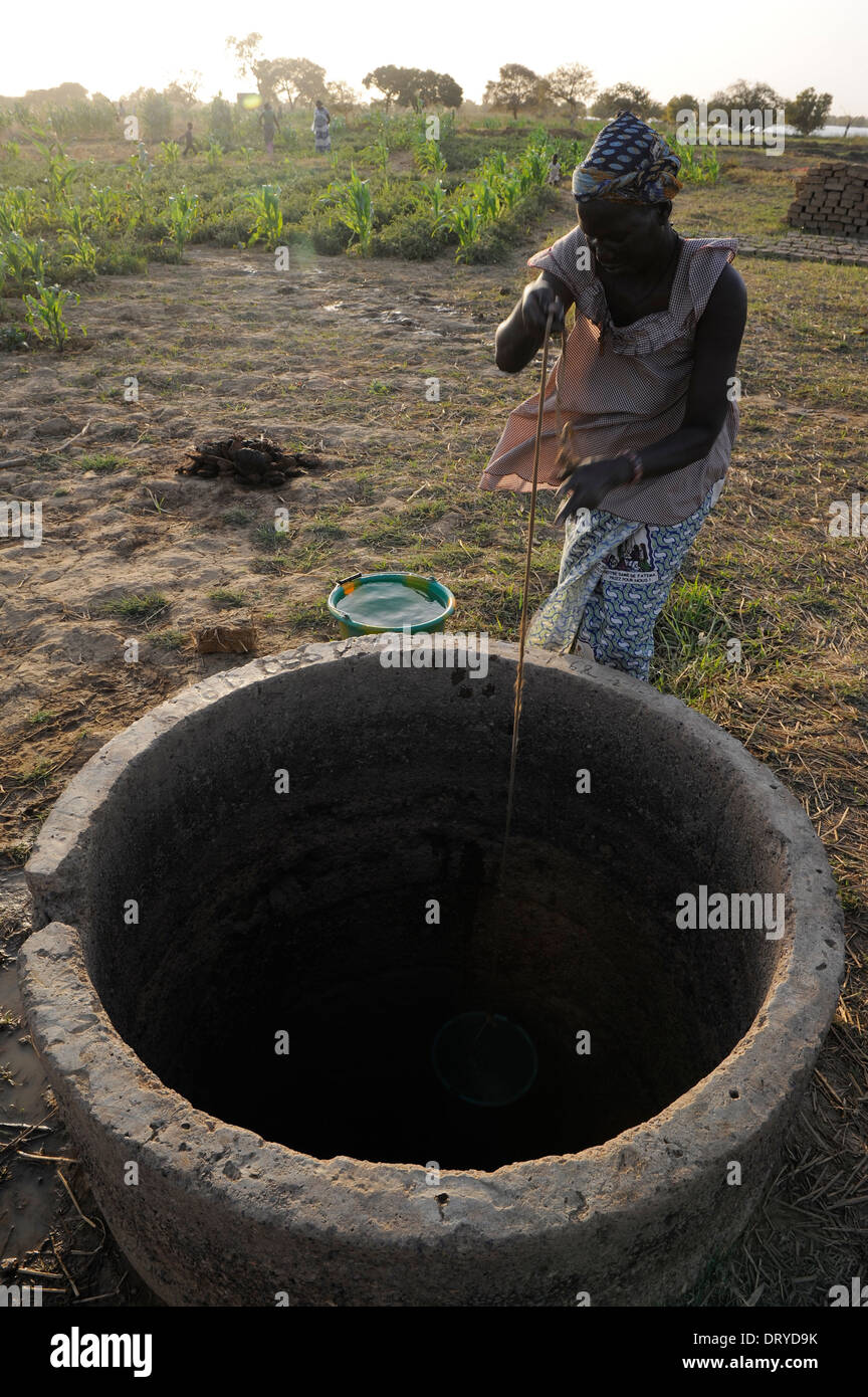 BURKINA FASO Kaya, woman fetch water from well to irrigate maize field ...