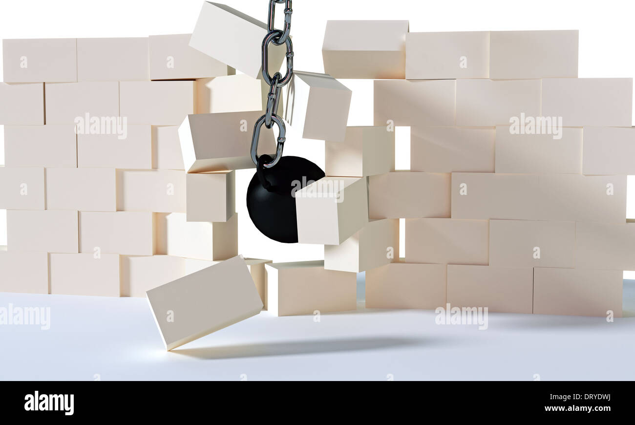 heavy ball breaking a brick wall isolated on white background Stock ...