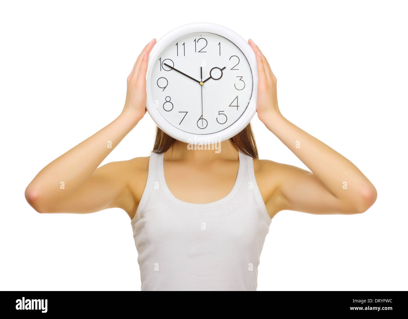Young girl with clock isolated Stock Photo - Alamy