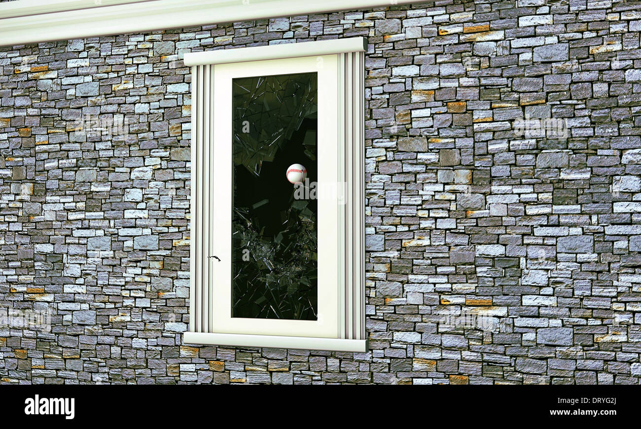 baseball ball breaking a window glass Stock Photo - Alamy