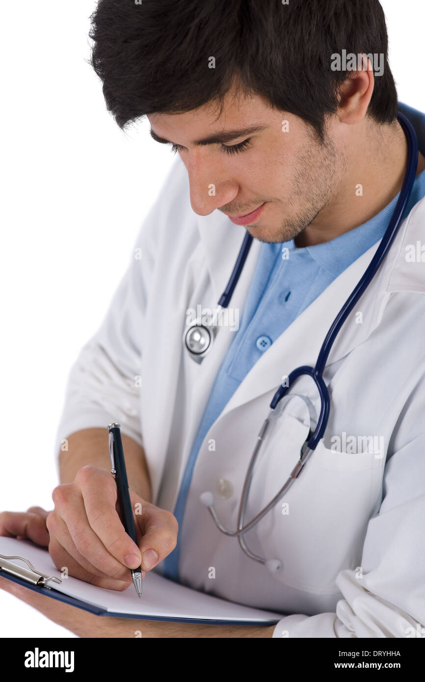 Male student doctor with stethoscope writing Stock Photo - Alamy