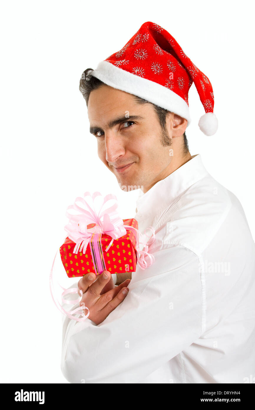 Christmas man with present Stock Photo - Alamy