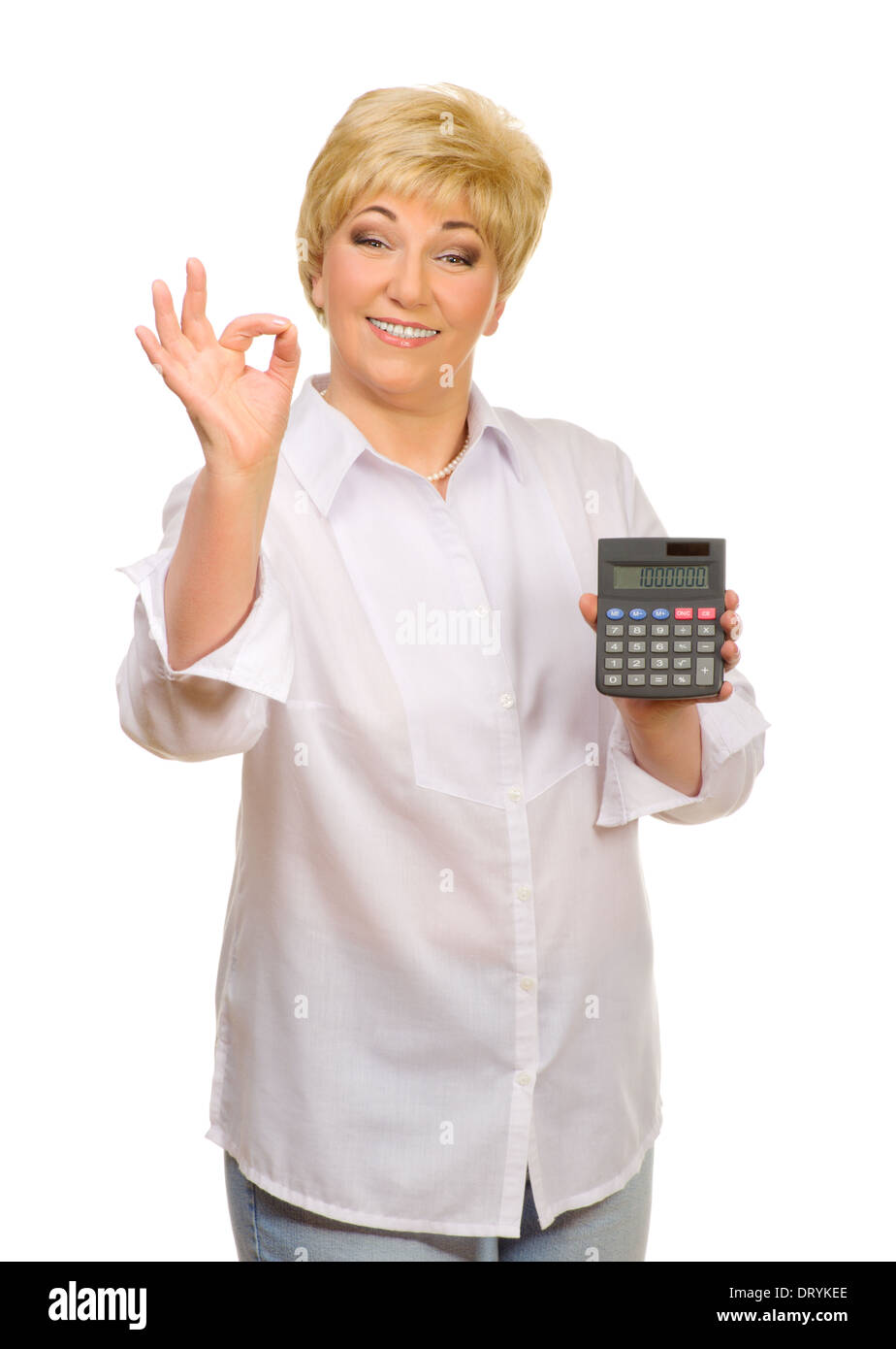 Senior woman with calculator isolated Stock Photo - Alamy