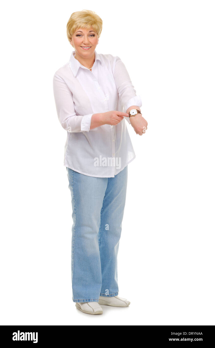 Woman pointing to clock Cut Out Stock Images & Pictures - Alamy