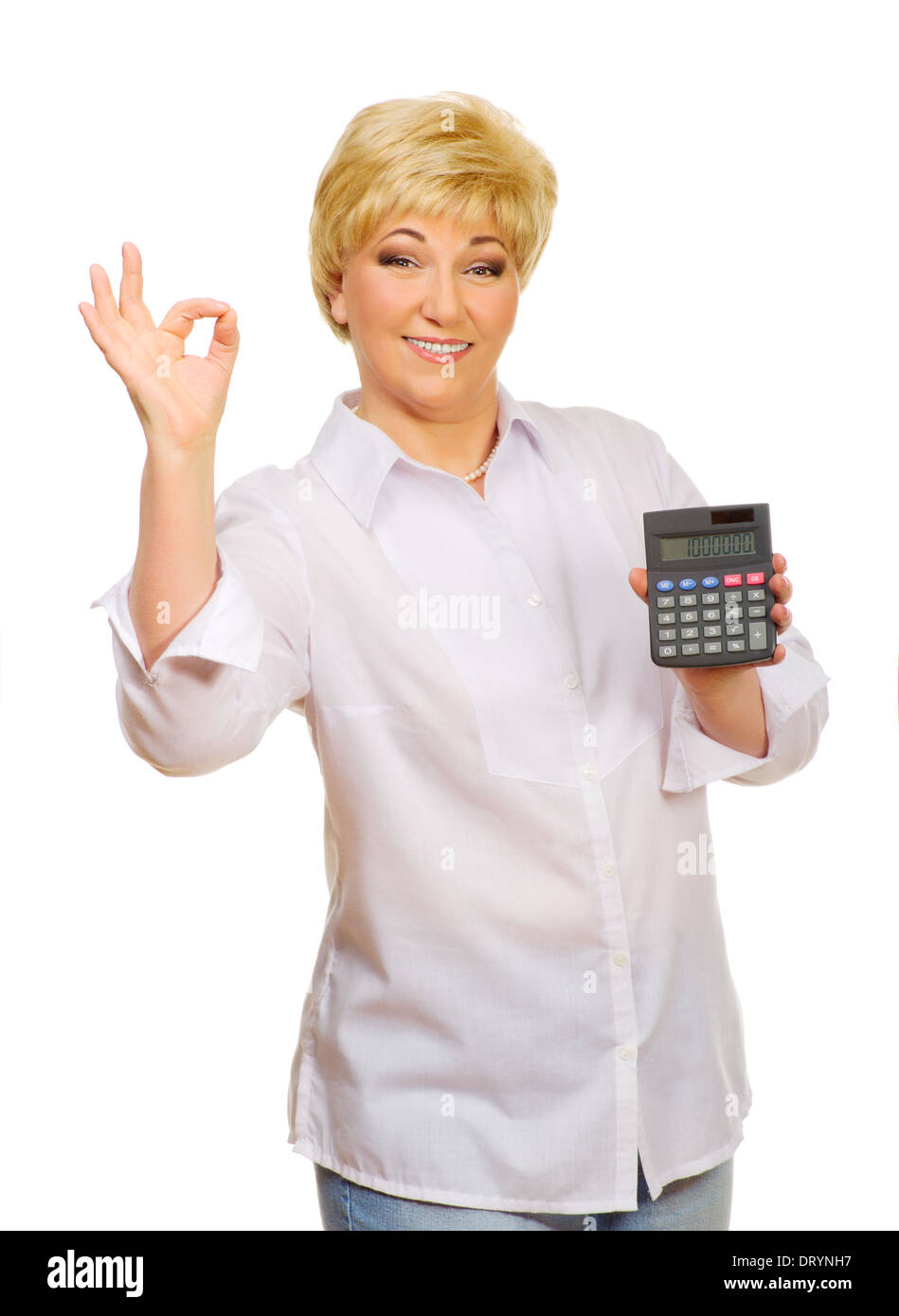 Senior woman with calculator isolated Stock Photo - Alamy