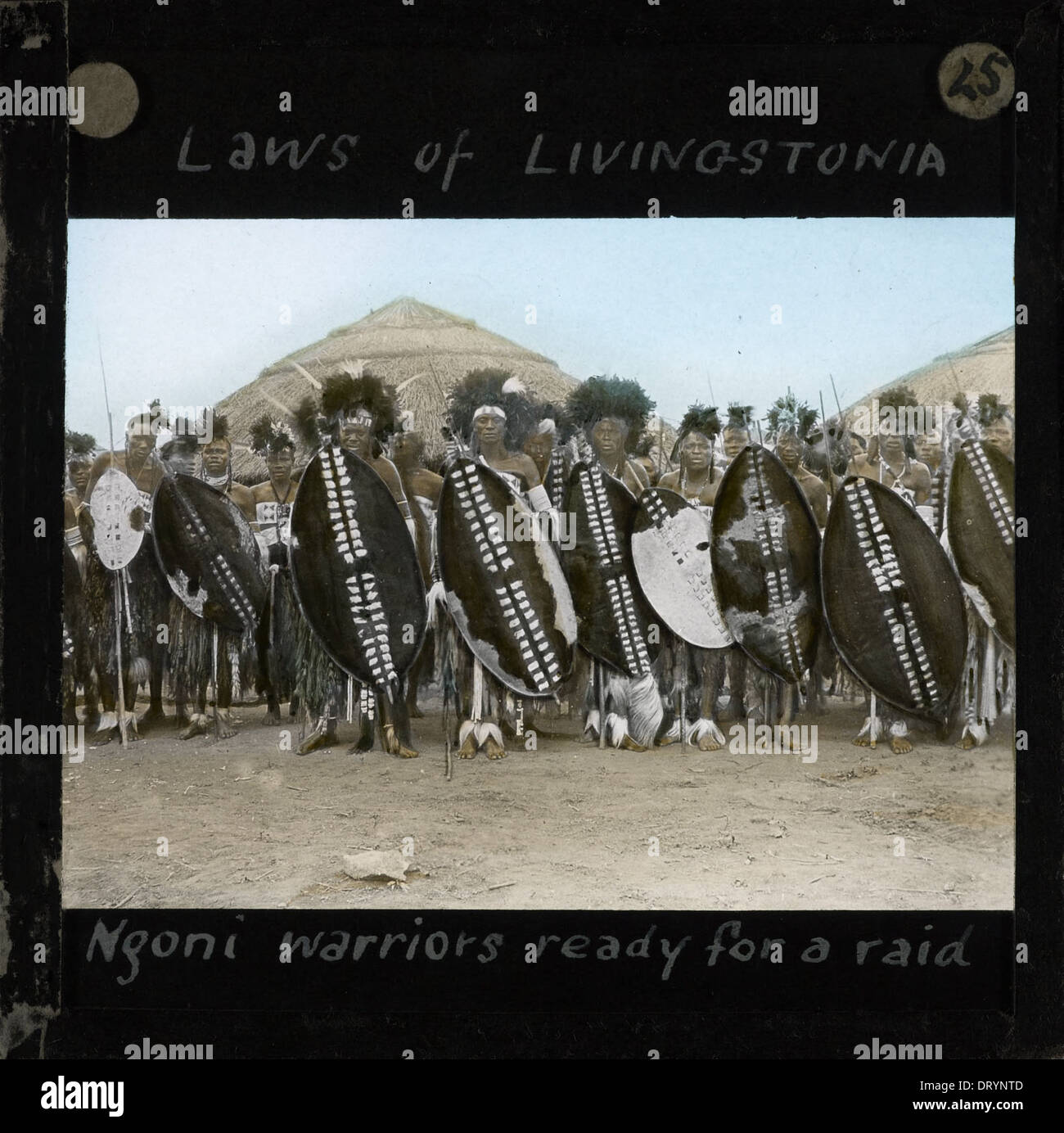 A photograph of Ngoni warriors prepared for a raid in Malawi, taken at ...