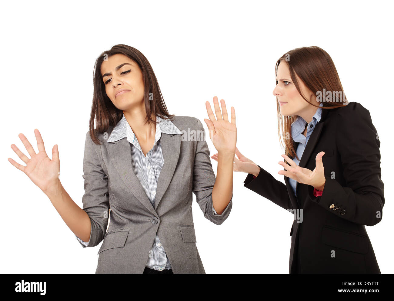 Portrait of two businesswomen having an argument isolated on white ...