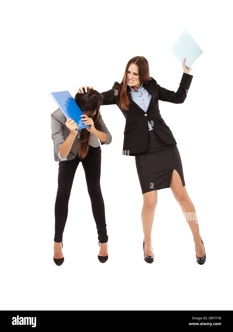 Portrait of businesswomen beating each other with notebooks isolated on ...