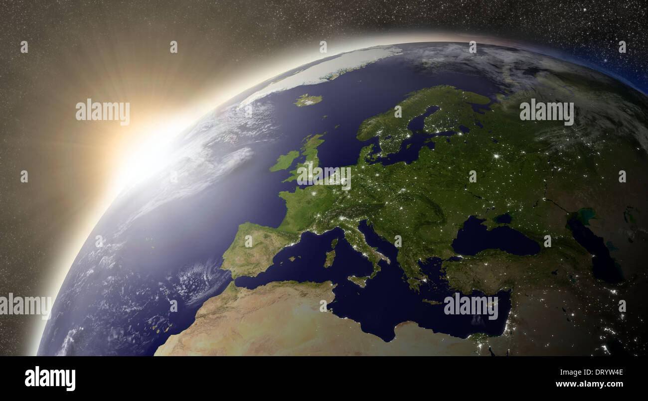 Sunset over Europe region on planet Earth viewed from space with Sun ...