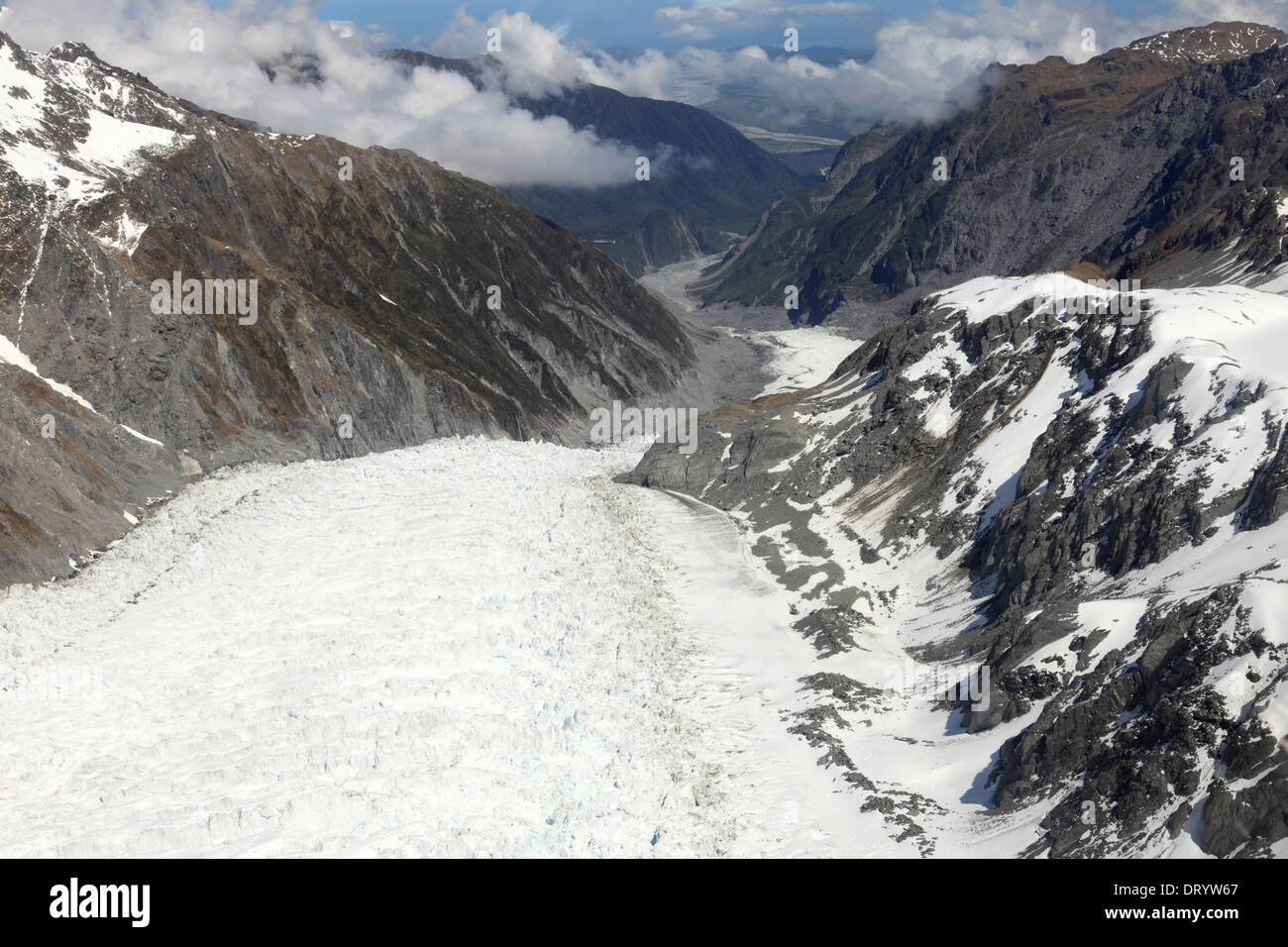 Aerial view from the top of the Fox Glacier looking west down the ...