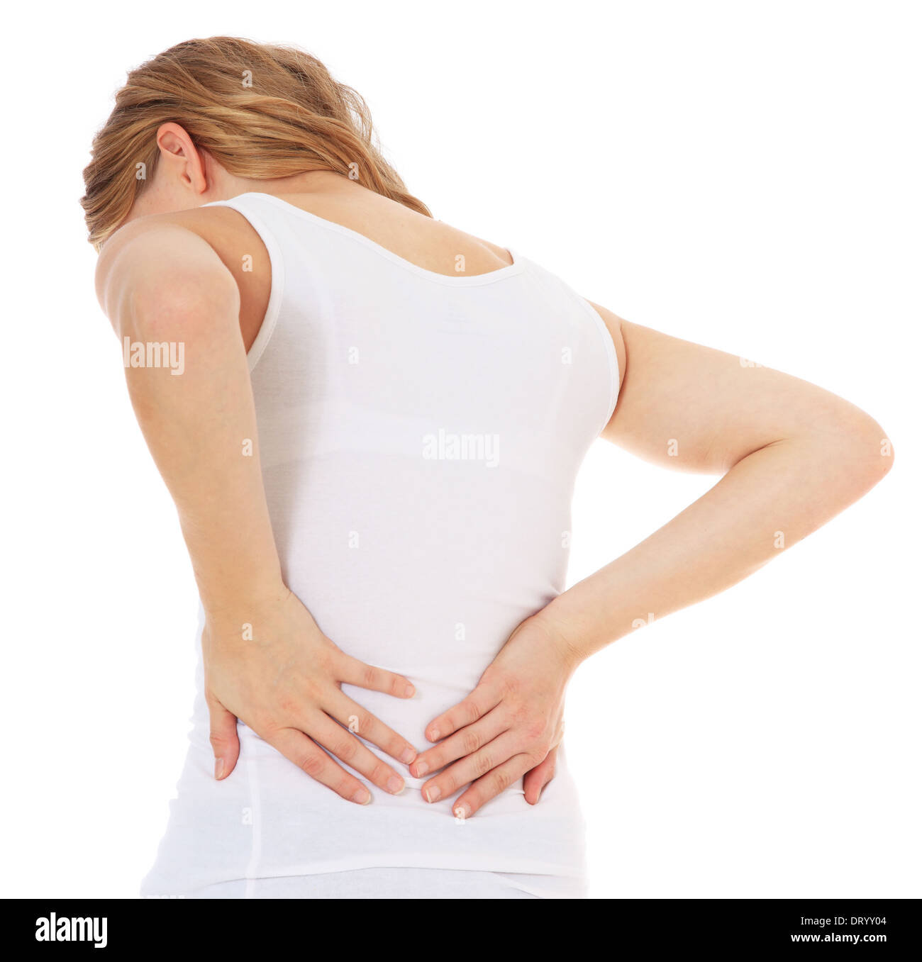 Attractive girl suffers from backache. All on white background Stock ...
