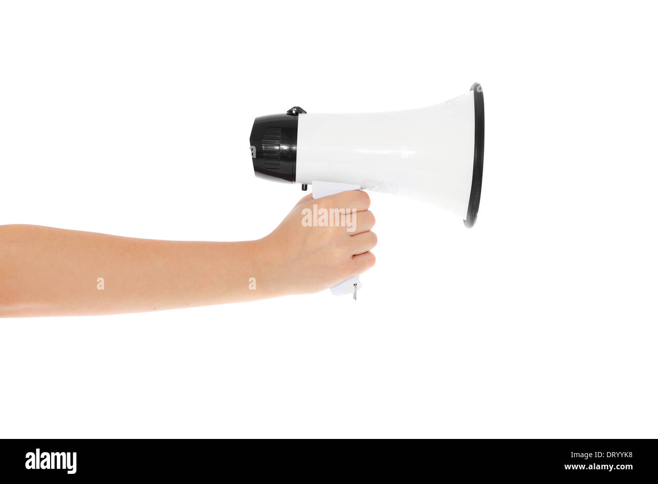 Hand holding megaphone. All on white background Stock Photo - Alamy