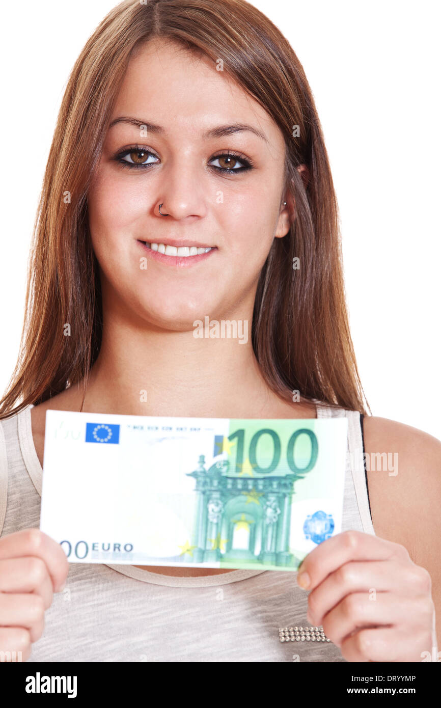 Attractive girl holding 100 euro note. All on white background Stock ...