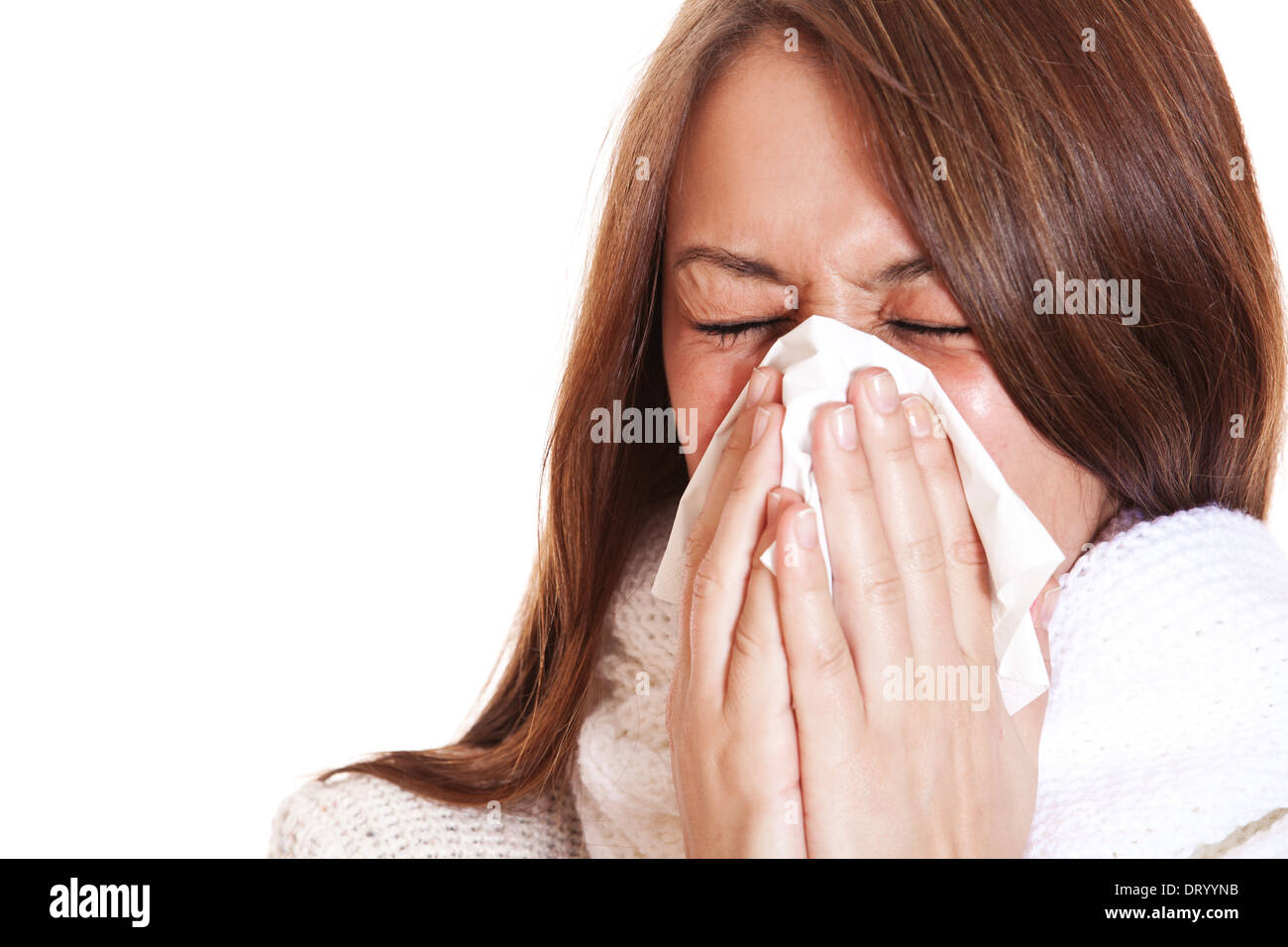 Attractive woman using tissue. All on white background Stock Photo - Alamy