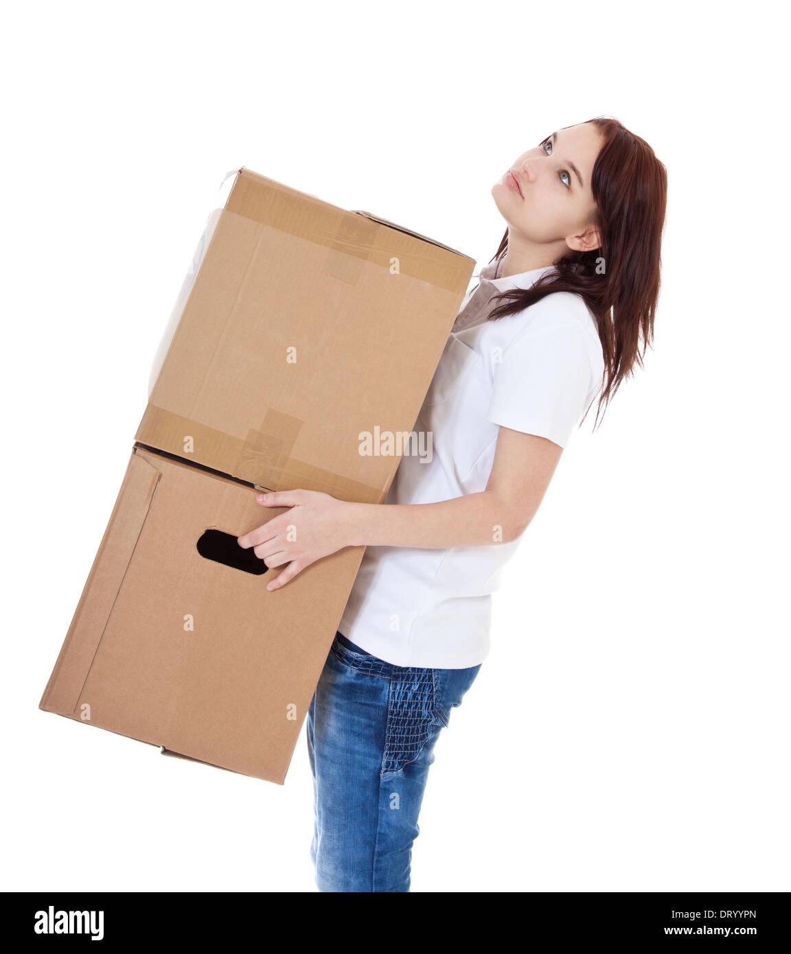 Attractive girl carrying moving boxes. All on white background Stock ...