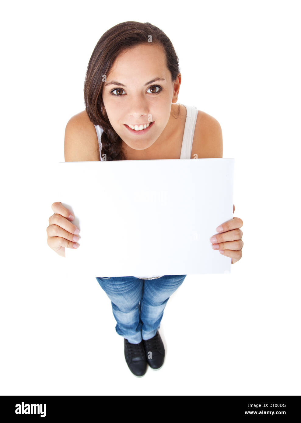 Attractive girl holding blank sign. All on white background Stock Photo ...