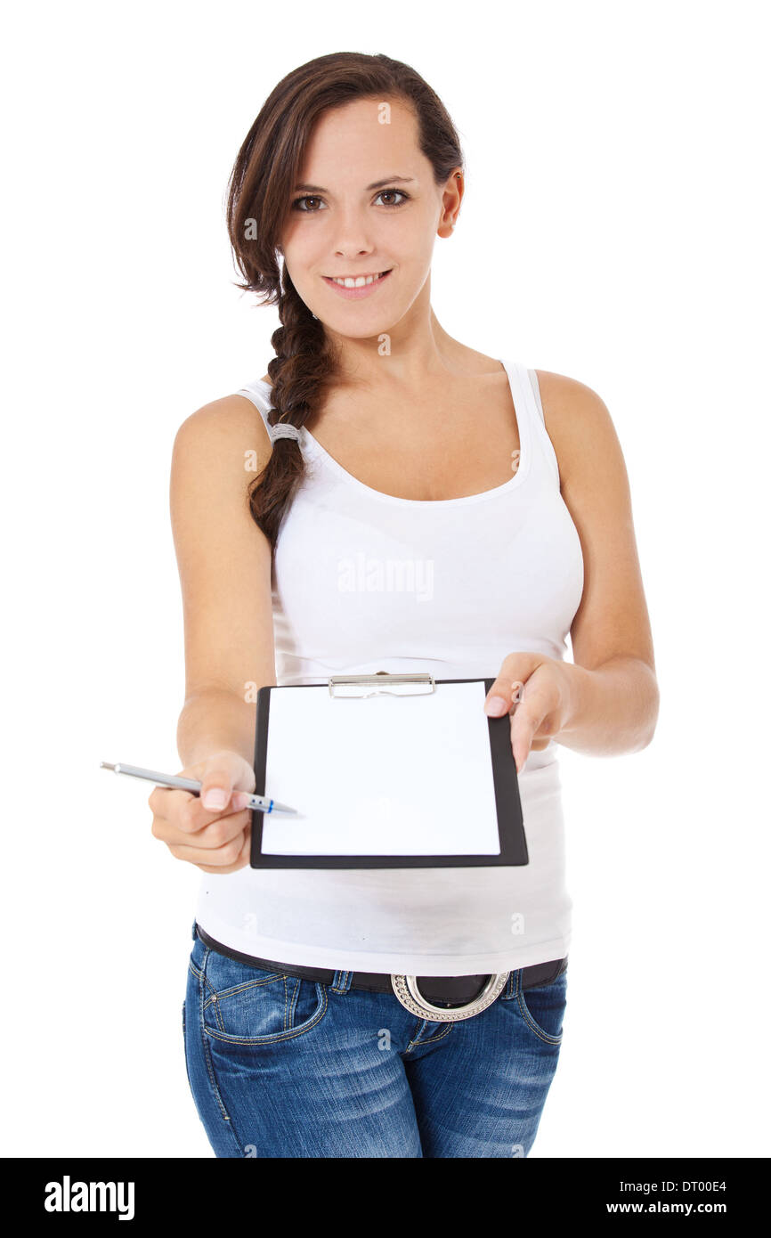 Attractive girl doing signature campaign. All on white background Stock ...
