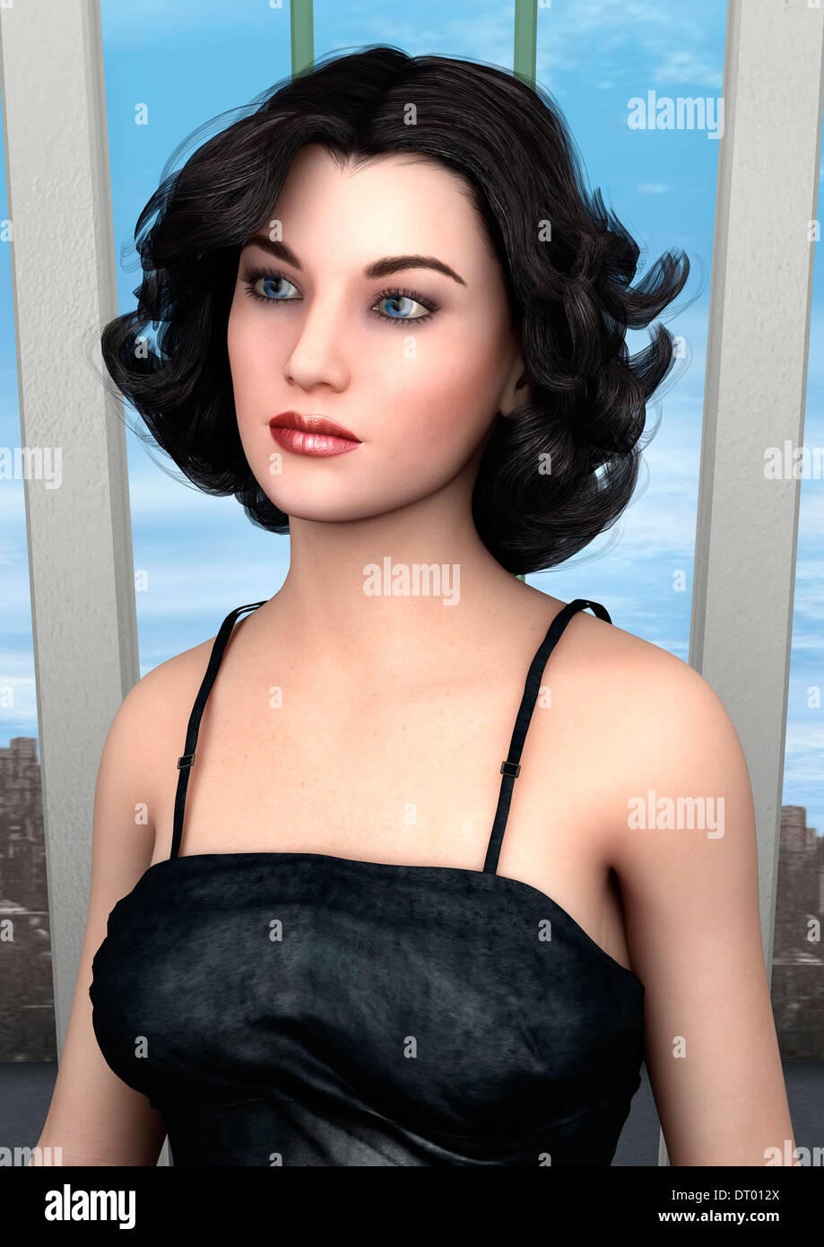 3D digital render of a beautiful woman sitting on blue sky and big city ...