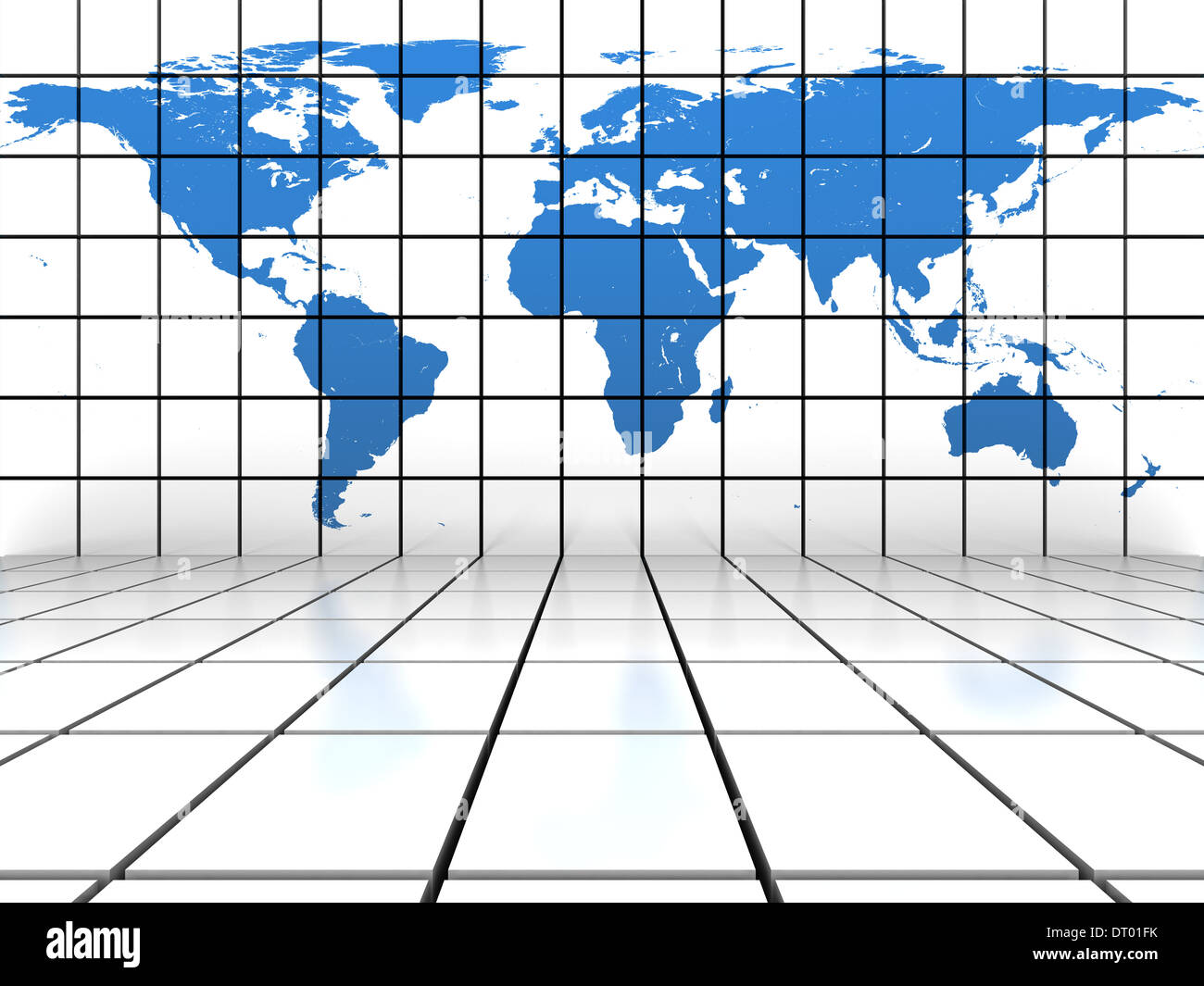 Tiled background scene with blue world map on the vertical wall ...