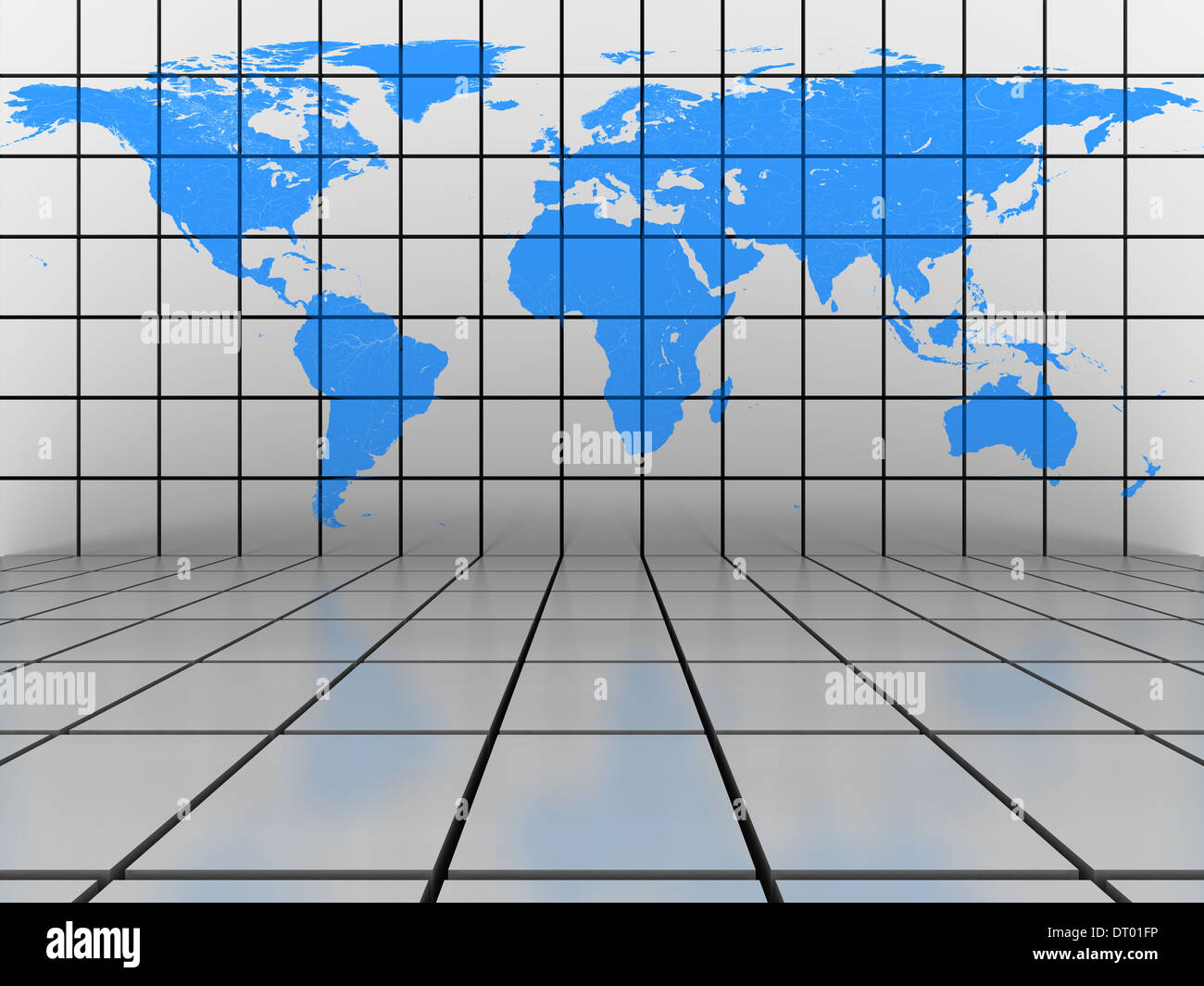 Tiled background scene with blue world map on the vertical wall ...