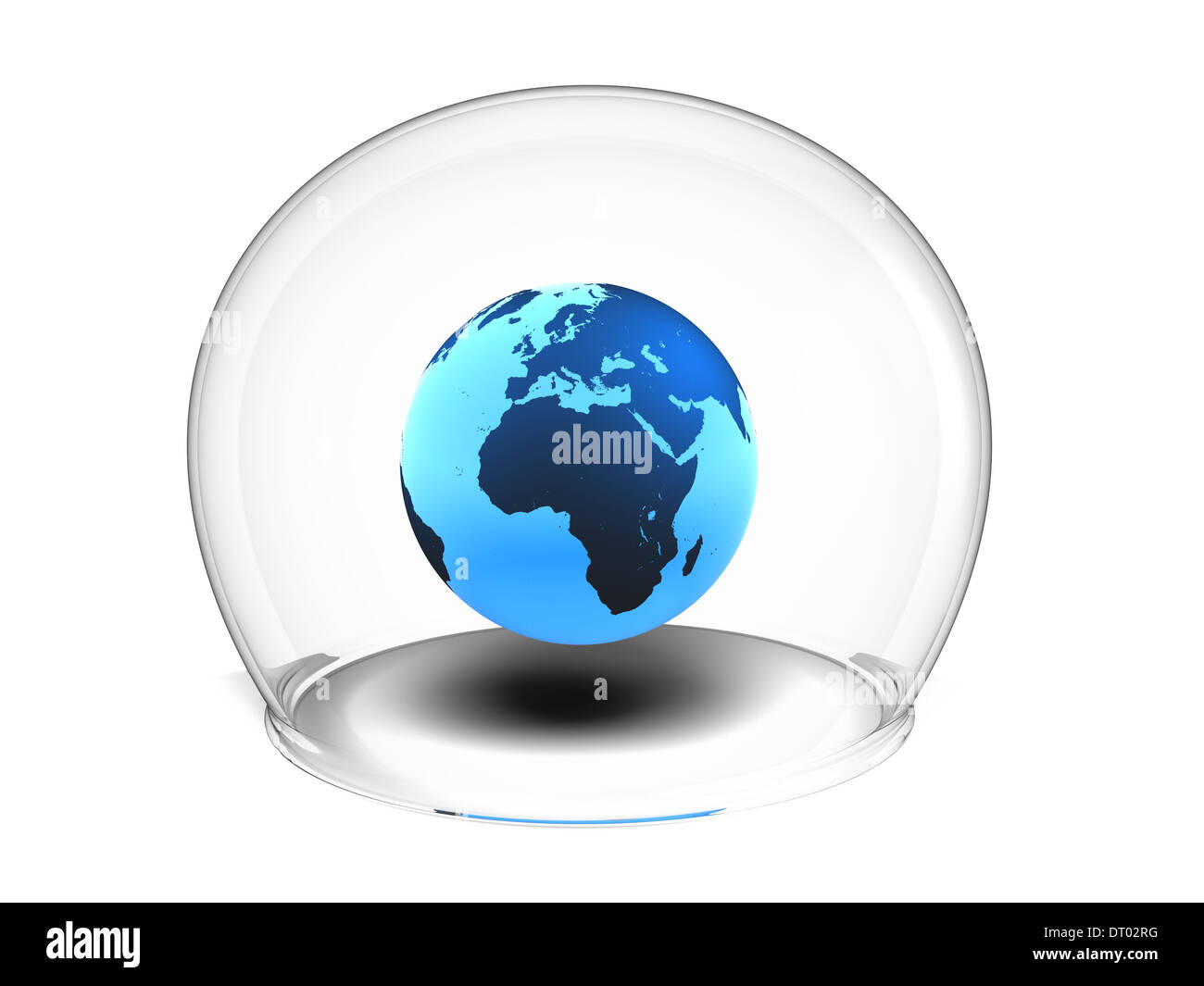 Blue planet Earth inside glass bowl isolated on white background ...