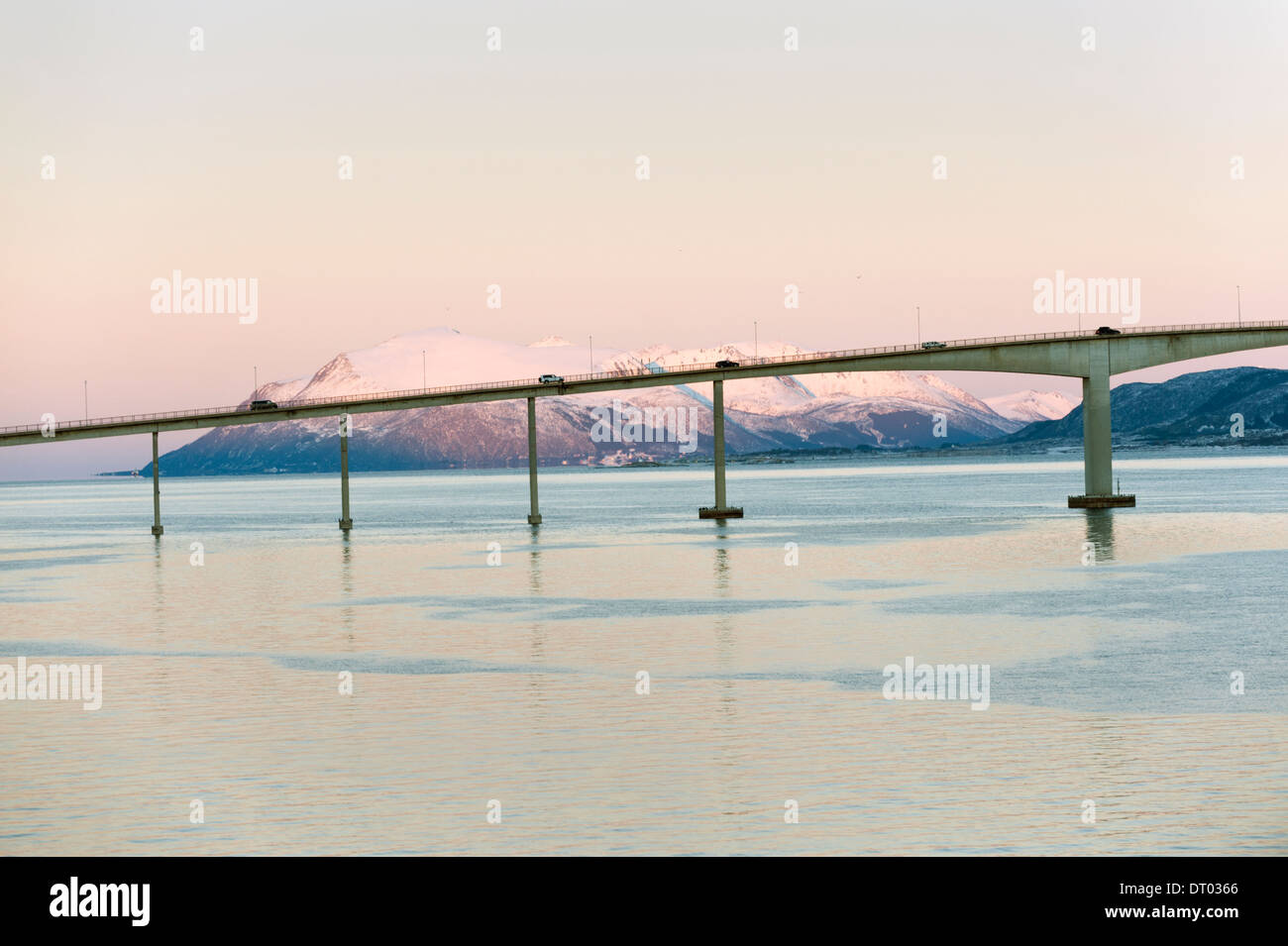 A Winter view of the graceful road bridge at Sortland, Nordland County ...