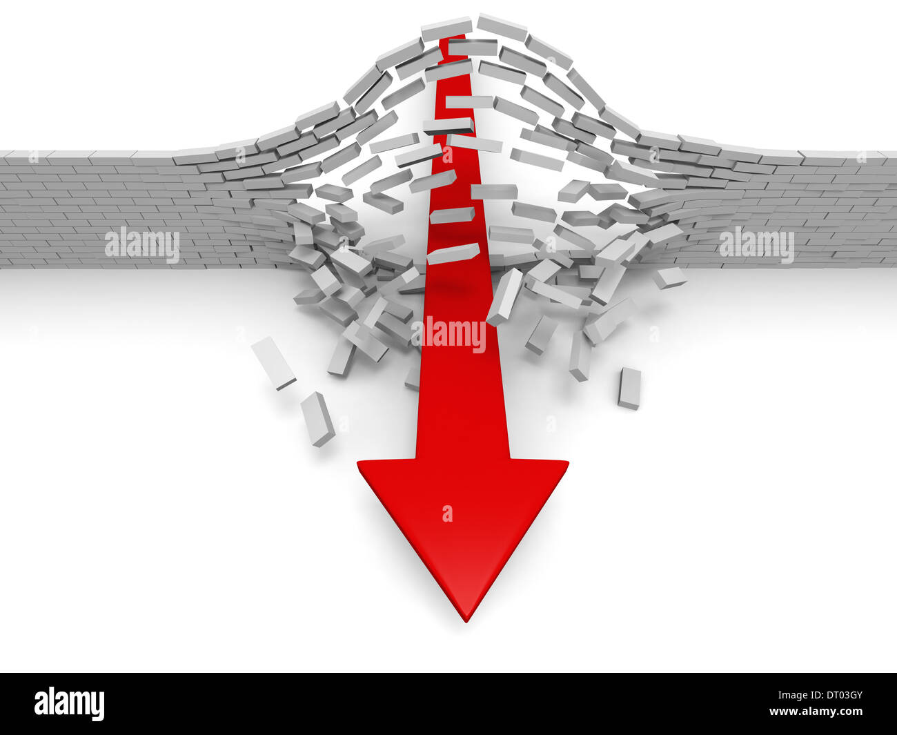 Red arrow breaking through brick wall, concept of success, breakthrough ...