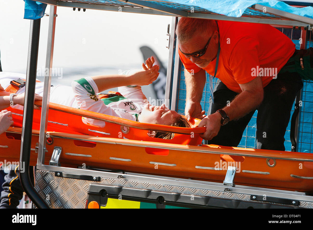Australian Rachel Bracken is stretchered away after she takes a tumble ...