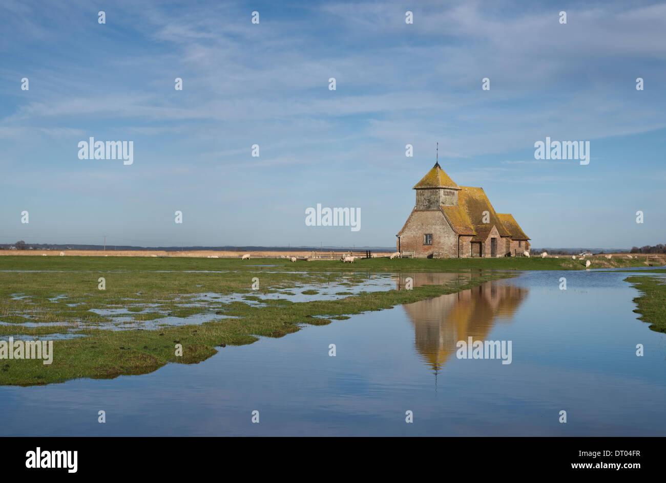 The Church of St Thomas a Becket in Fairfield, Kent; reflected in the ...