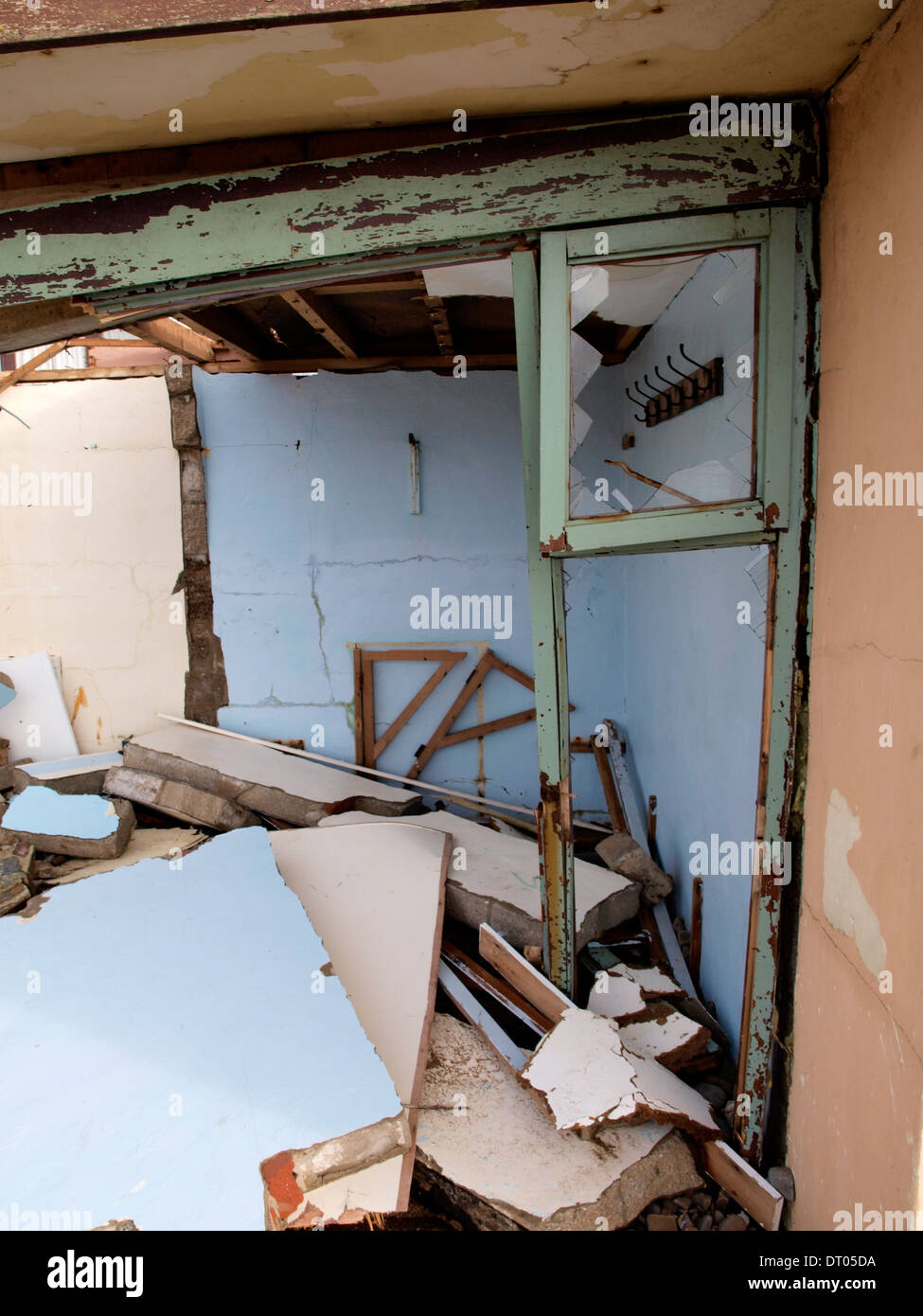 Beach hut destroyed by storms, Crooklets Beach, Bude, Cornwall, UK ...