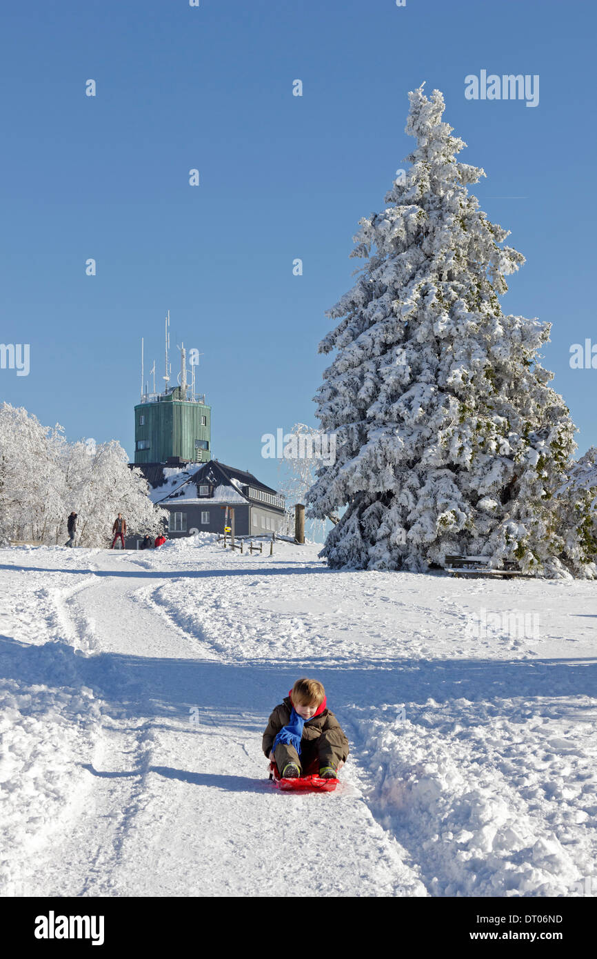 young boy sledding, Kahler Asten, Sauerland, North Rhine-Westfalia ...