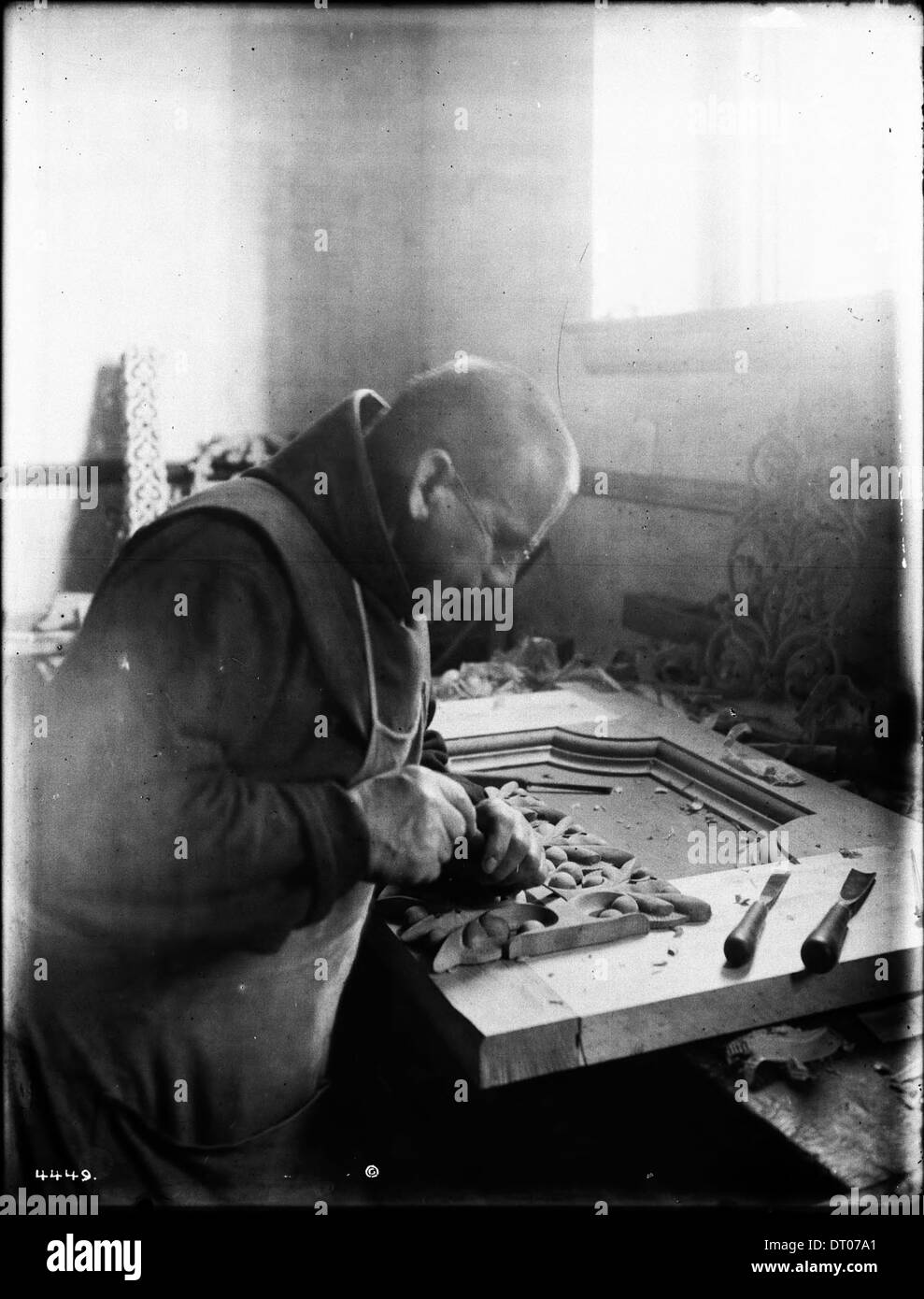 Brother Eugene, the wood carver, at his work at Mission Santa Barbara ...