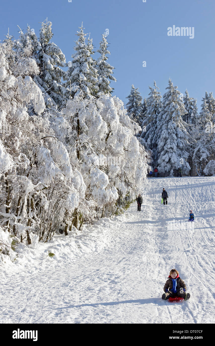 young boy sledding, Kahler Asten, Sauerland, North Rhine-Westfalia ...