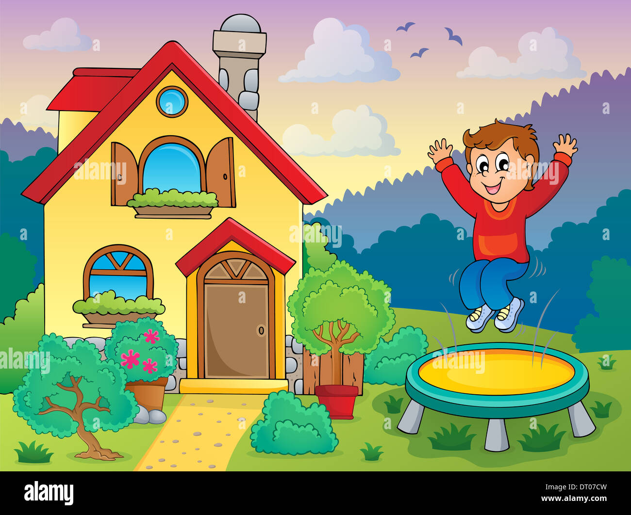 Boy playing near house theme 1 - picture illustration Stock Photo - Alamy